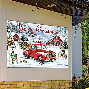 Christmas Red Truck Decoration Xmas Tree Farmhouse Rustic Backdrop Banner Red Car Snowflakes Photo Background for Merry Christmas Winter Holiday Party Home Decorations Supplies, 72.8 x 43.3 Inch