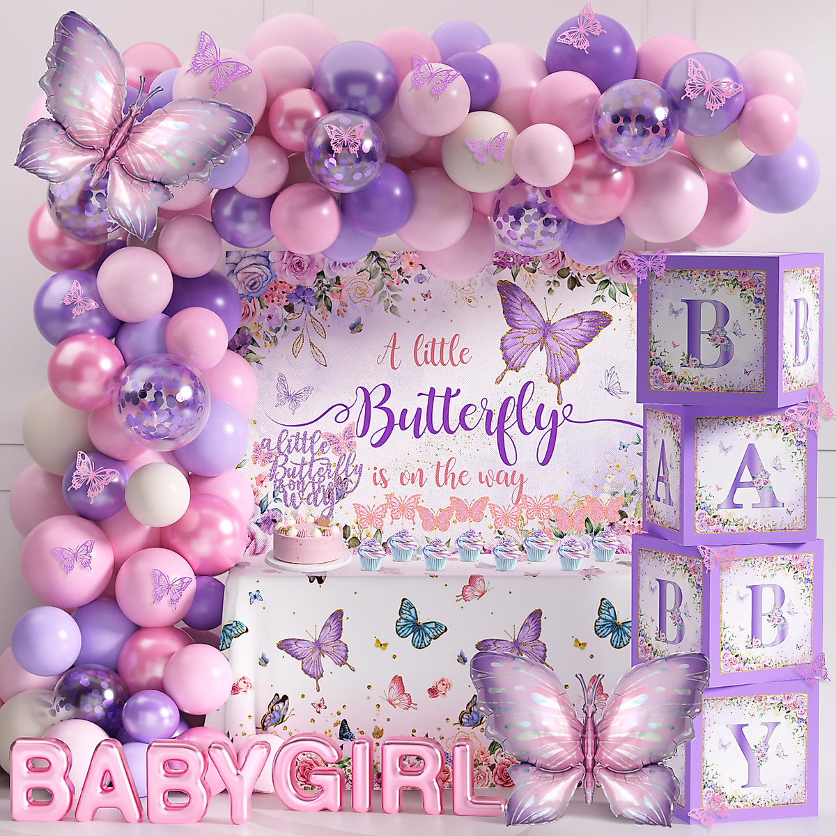 Butterfly Baby Shower Decorations for Girls A Little Butterfly Is On The Way Party Backdrop Butterfly Cake Toppers Stickers Pink Purple Balloons Baby Boxes for Girl Birthday Baby Shower Decor