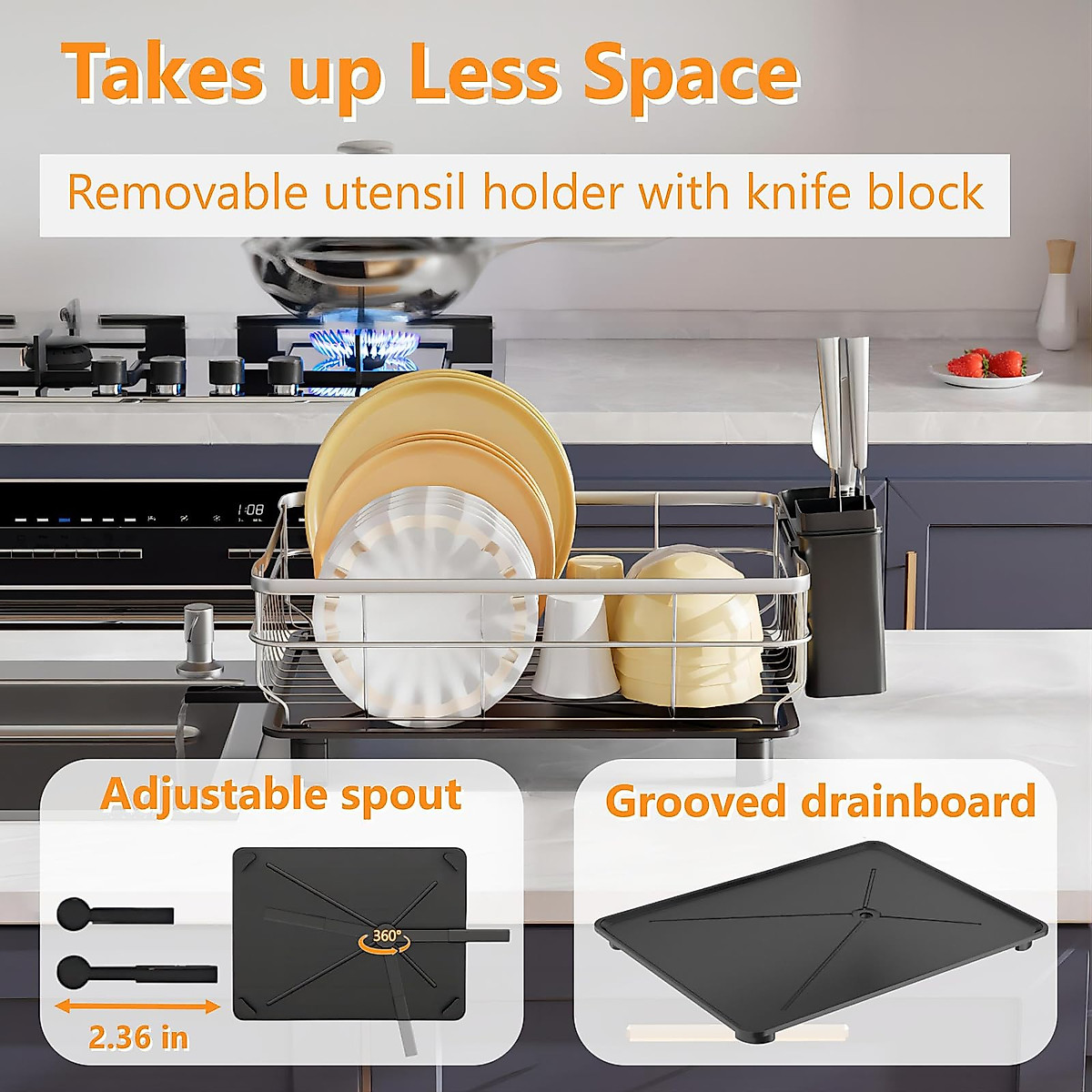 AIDERLY Stainless Steel Dish Drying Rack with Drainboard Dish Drainers for Kitchen Counter Sink Adjustable Spout Dish Strainers with Utensil Holder and Knife Slots, Black