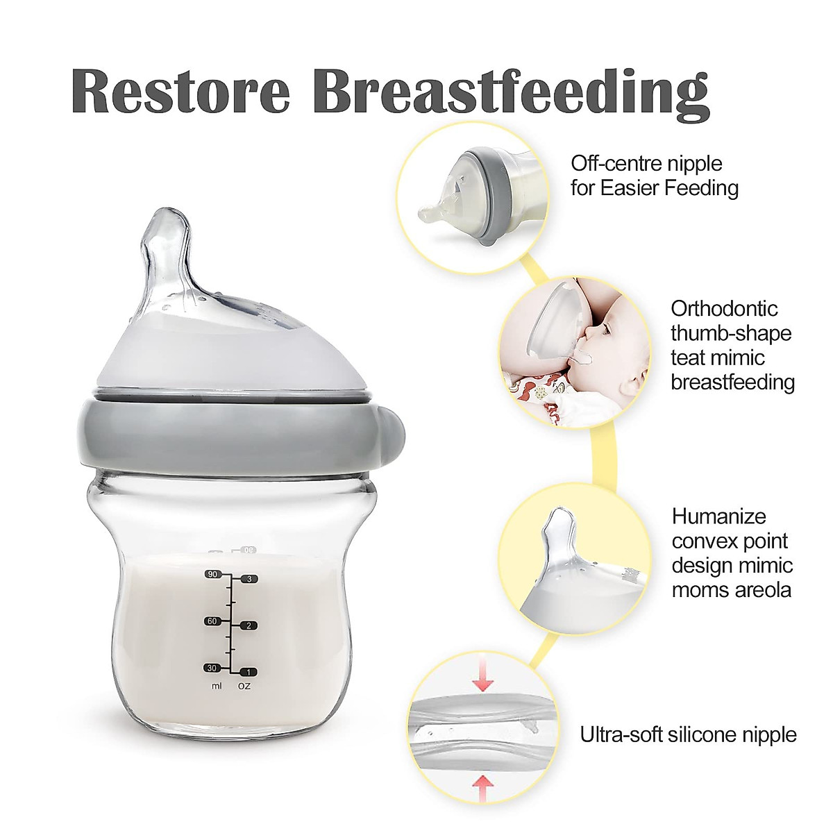 haakaa Gen.3 Natural Glass Baby Bottle Set 4oz & 6oz - Wide Neck Anti-Colic Slow Varibale Flow Nipple, 0M+ 3M+ 6M+ Breastfed Babies