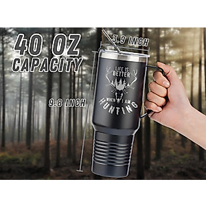 Onebttl Hunting Gifts for Men, Funny Hunting Gifts for Hunter, 40oz Stainless Steel Insulated Tumbler with Handle, Lid & Straw for Hunting Dad, Husband, Black - Life is Better When I am Hunting