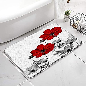 FEIERMAN Red Gray Floral Bath Mat/Rug Simple Elegance Retro Daisy Abstract Flower Microfiber Memory Foam Bathroom Decor Mat Not Easy to Slide Backing 17.8X 29.5 Inch/45x 75cm