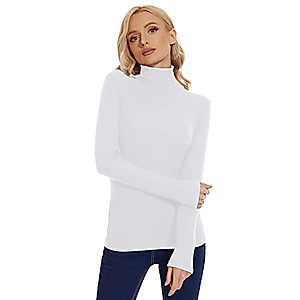 Mockneck Women White Long Sleeve Lightweight Ribbed Knit Pullover Athletic Slim T-Shirt White X-Large
