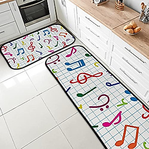 Vantaso Kitchen Floor Mat Rug Music Notes Set of 2 Cushioned Non-Slip Comfort Runner Rugs