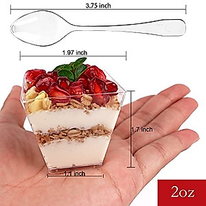 Hiasobre 100 Pack 2 oz Mini Dessert Cups with Spoons, Square Clear Plastic Appetizer Cups, Reusable Parfait Cups, Small Dessert Bowls for Serving Fruit Ice Cream Pudding Yogurt