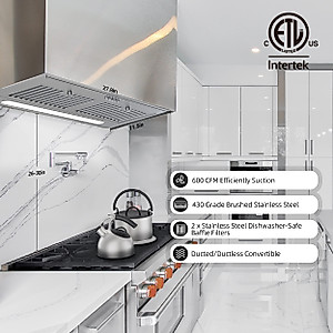 FIREGAS Range Hood Insert 30 inch, 600 CFM Ducted/Ductless Convertible Kitchen Hood with LED Light, Built-in Vent Hood with 3 Speed Exhaust Fan, Baffle Filters, Stove Hood with Carbon Filters