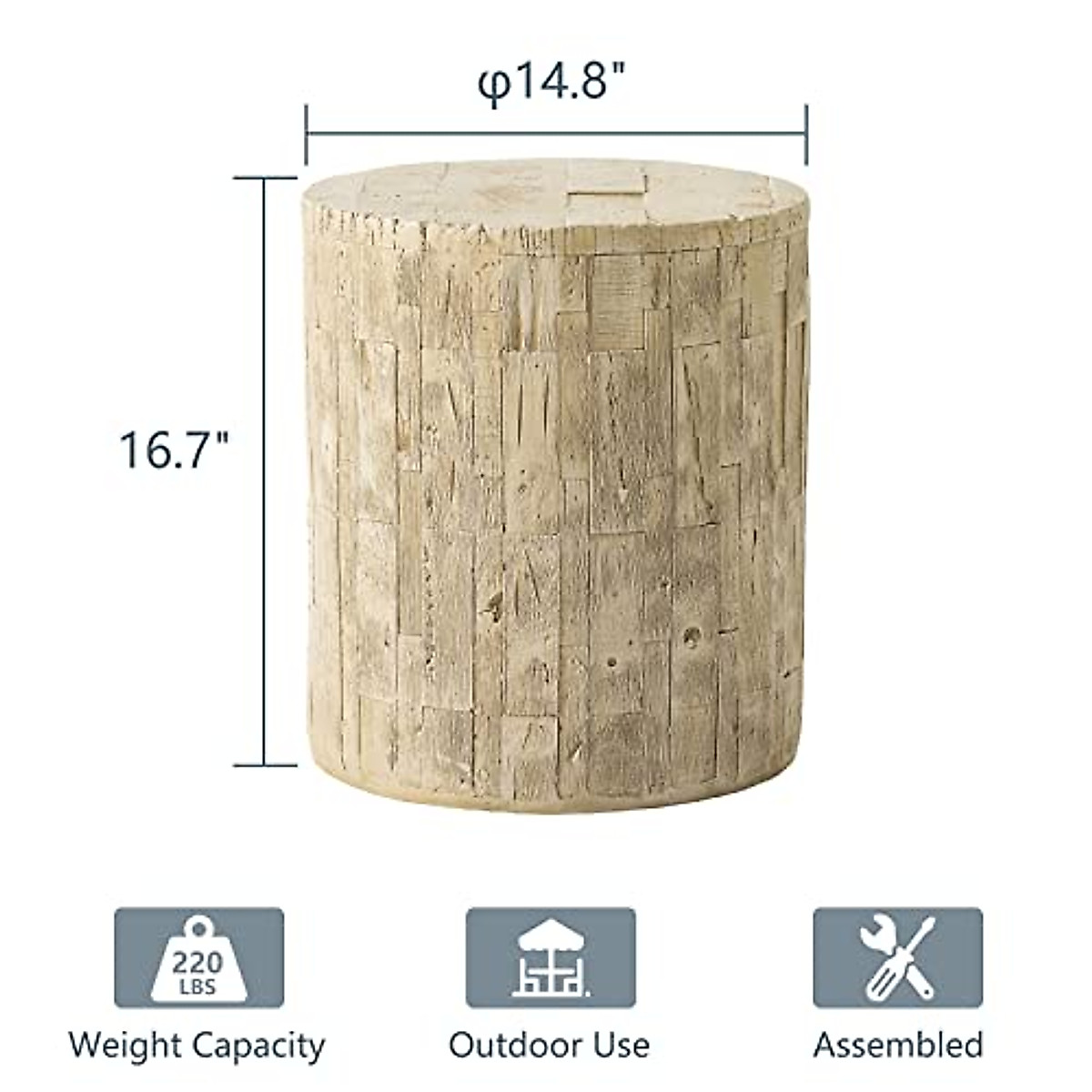 COSIEST 2 Pieces Outdoor Side Table, Mosaic MgO Patio End Table, Lightweight Cylinder Accent Table, Round Stump Table Plant Stand for Garden and Deck, Cream