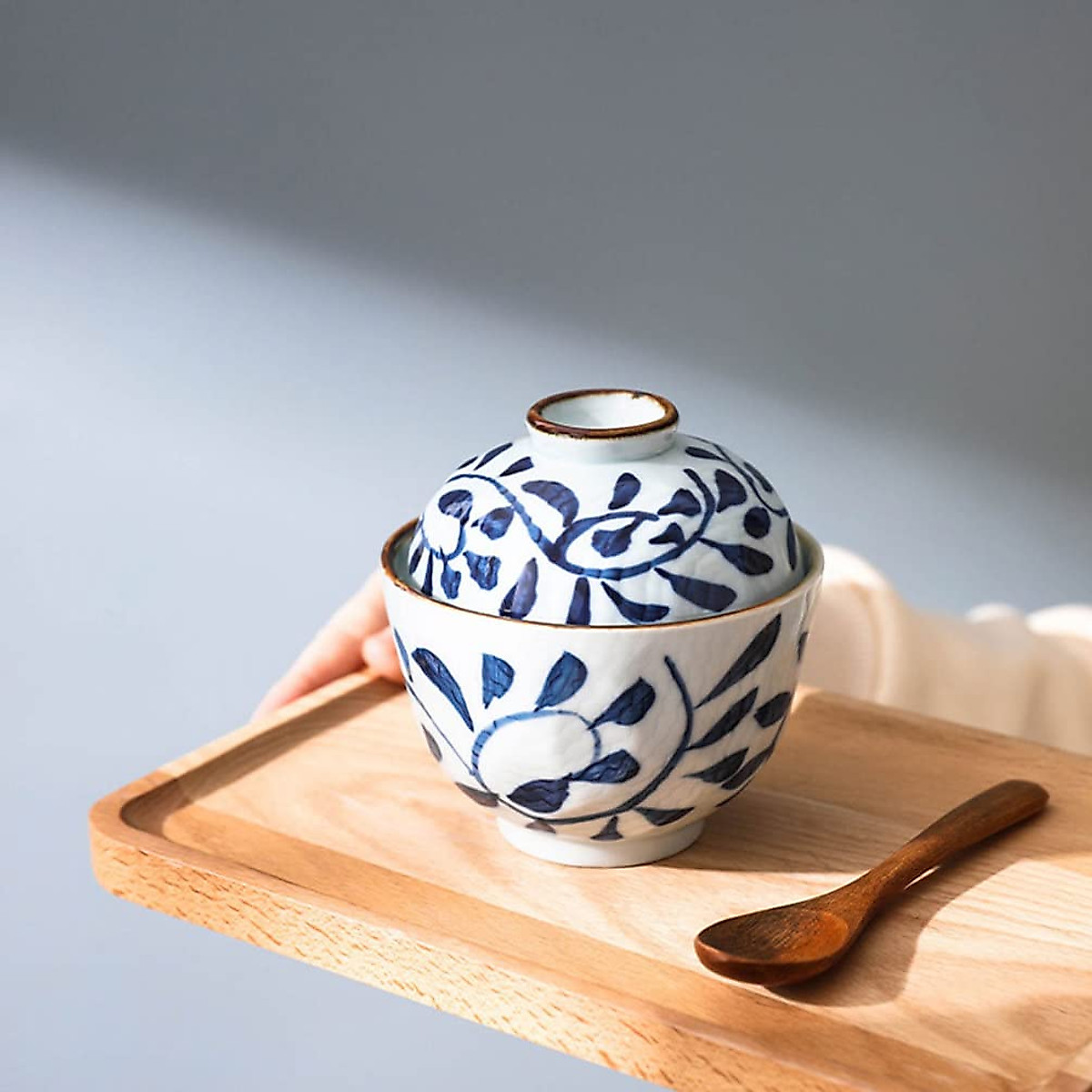 CALLARON Mixing Bowls Ceramic Stew Pot with Lid Steam Soup Bowl Steaming Cup Japanese Style Noodle Bowl Steamed Egg Bowl Custard Cups for Home Kitchen Egg Custard Birds Popcorn Bowl