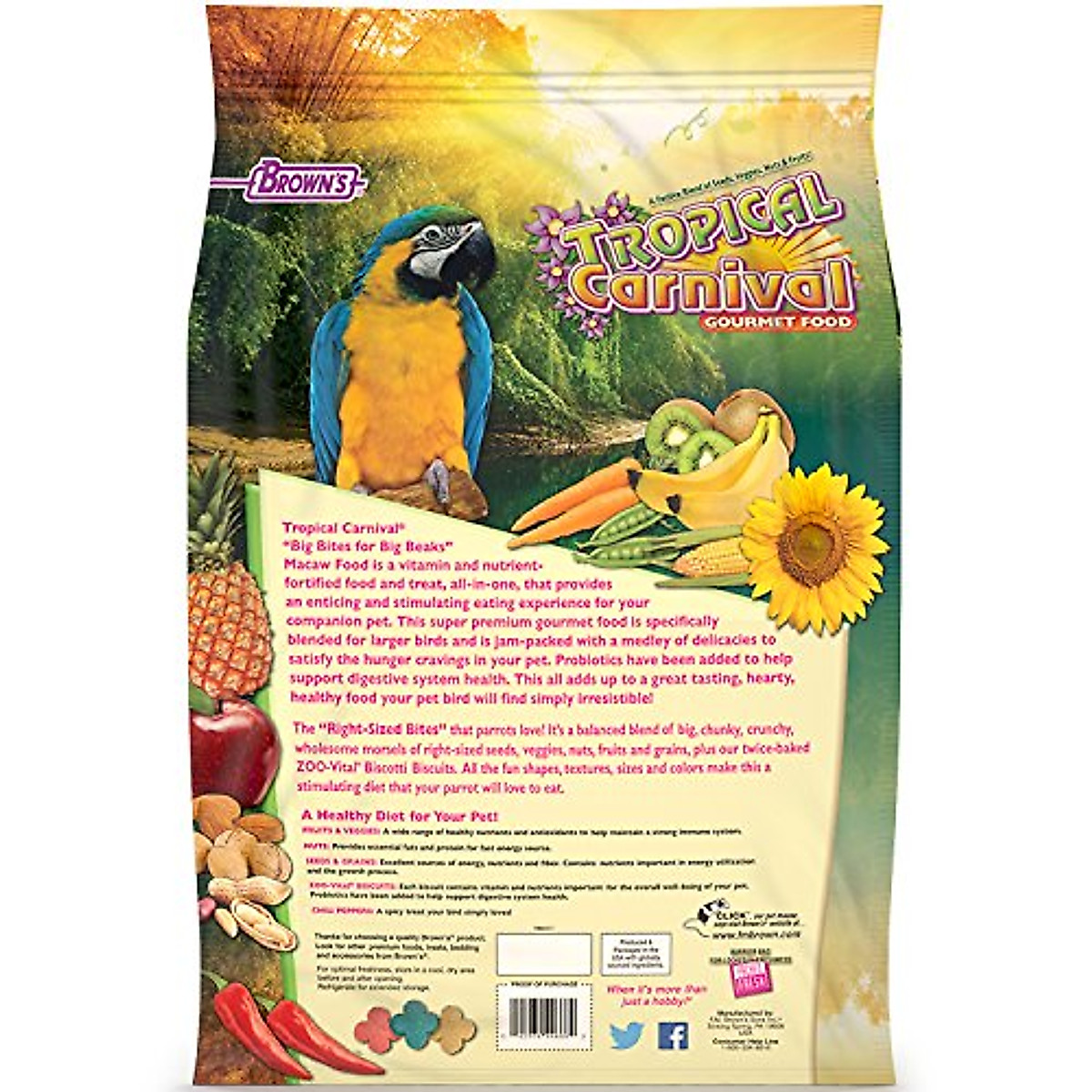 Tropical Carnival F.M. Brown's Gourmet Macaw Food Big Bites for Big Beaks, Vitamin-Nutrient Fortified Daily Diet with Probiotics for Digestive Health - 14lb