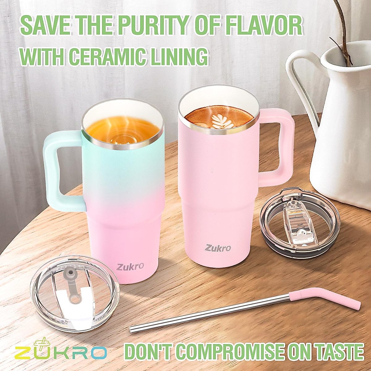 Zukro 24 oz Ceramic Coated Interior Tumbler with Handle and Straw, No Metal taste or Smell For Pure Taste, Leakproof No Sweat Stainless Steel Coffee Cup with 2 Lids, Insulated Travel Mug