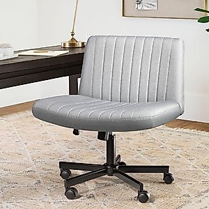 LEMBERI Criss Cross Chair with Wheels, Armless Wide Cross Legged Office Chair, Mid Back Swivel Computer Task Vanity Chairs for Home, Make Up,Small Space, Bed Room,Grey