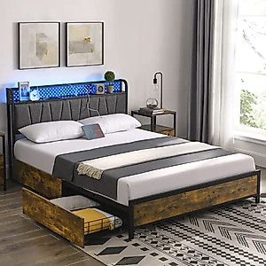 Alohappy Queen Bed Frame with Drawers and RGB Led Lights, Storage Headboard with Charging Station, Metal Platform Bed Frame with Strong Steel Slats Support Easy Assembly No Squeak