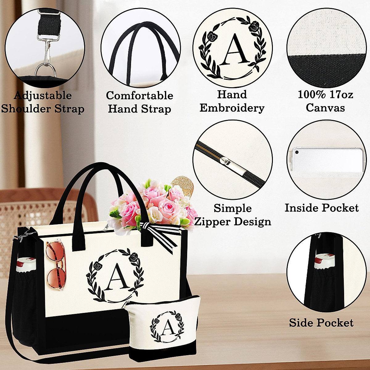 YOOLIFE Bridesmaid Proposal Gifts for Women, Retirement Mom Teacher Gifts Initial Tote Bag Beach Makeup Bags for Women Personalized Wedding Bridesmaid Girlfriend Aunt Birthday Gifts for Women Letter F