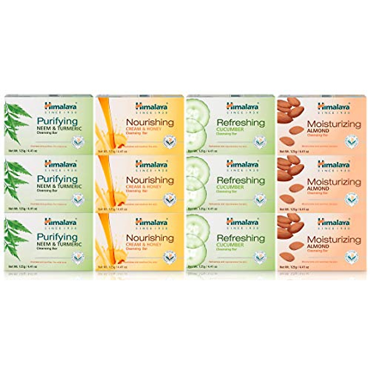 Himalaya Cleansing Bar Soaps Variety Pack, Neem & Turmeric, Almond, Cream & Honey and Cucumber, 4.41 oz, 12 Pack