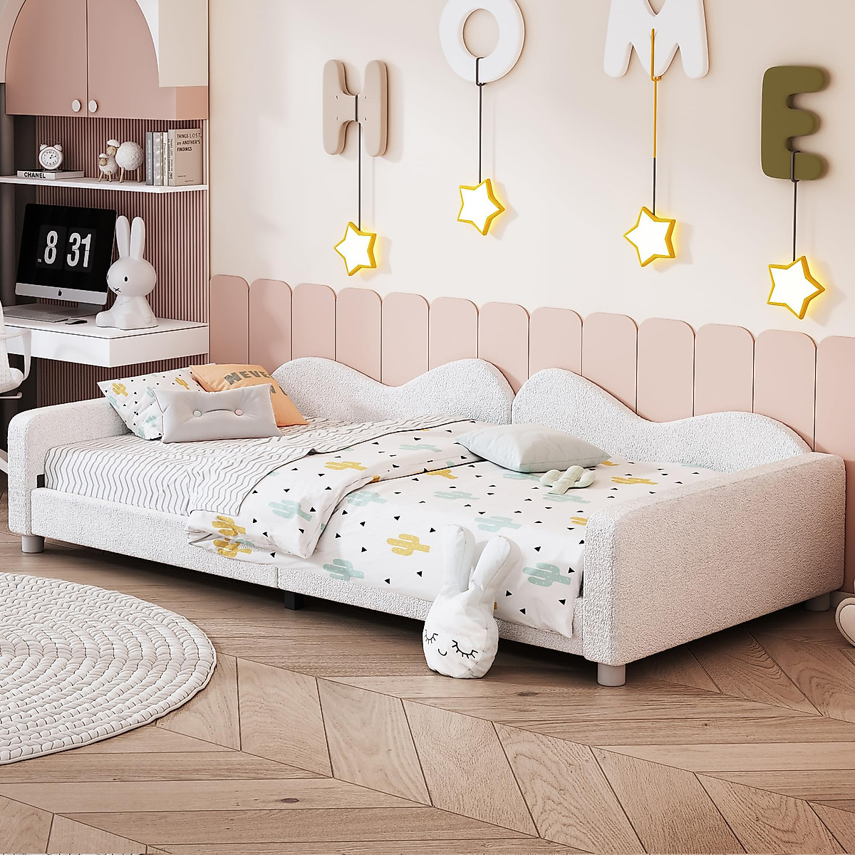 SOFTSEA Twin Upholstered Daybed with Cloud Shaped Backrest, Modern Sherpa Fleece Daybed with Low Backrest for Bedroom, Cute Sofa Bed Daybed Frame for Kids Teens Boys Girls, Easy Assembly, White