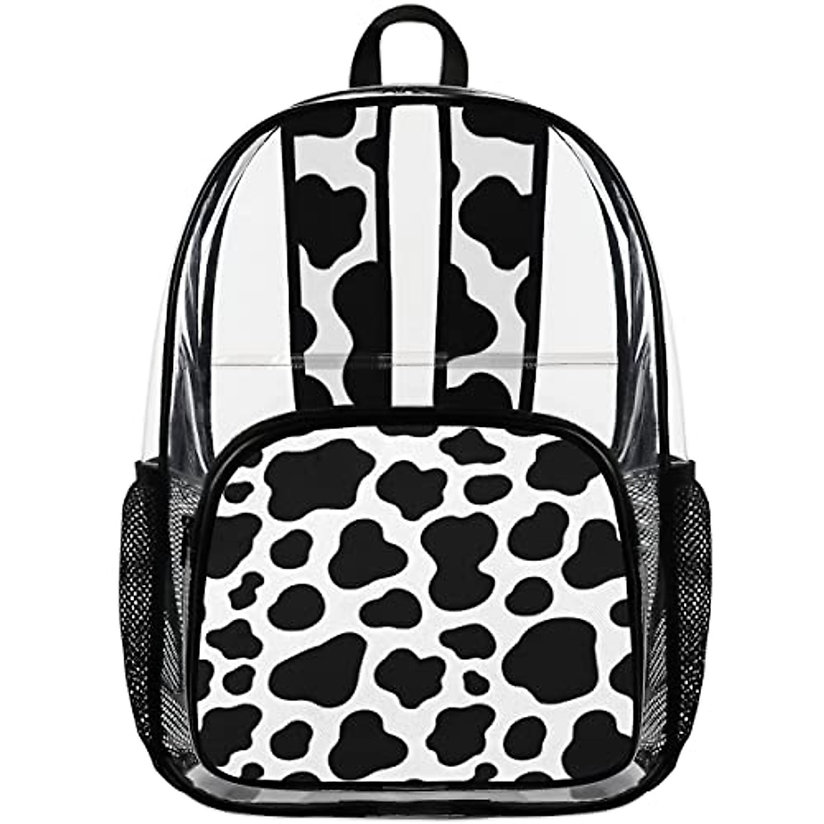 bisibuy Cow Print White And Black Clear Backpack Stadium Approved Heavy Duty PVC Transparent Backpacks Large See Through Bag for Work Travel Sports Events Concerts
