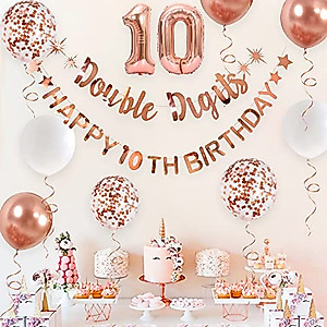 Rose Gold Double Digits Happy 10th Birthday Banner Garland Foil Balloon 10 for Girls Boys 10th Birthday Decorations Hanging 10 and Fabulous Cheers to 10 Years Old Ten Birthday Party Supplies Backdrop