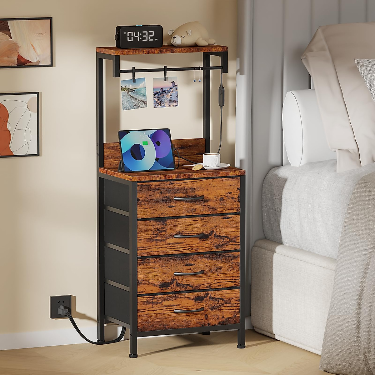 Furnulem Tall Nightstand with Charging Station, Night Stands with LED Lights and Storage Shelves, Bed Side Table for Bedroom, Hallway, Office, 4 Fabric Drawers, Rustic Brown
