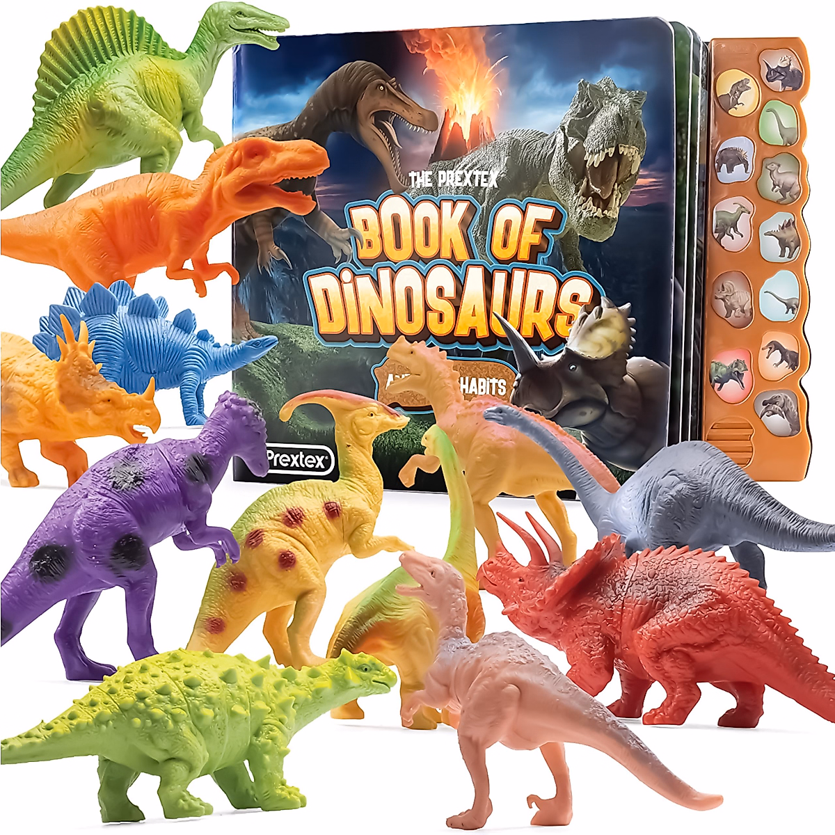 PREXTEX Dinosaur Toys for Kids 3-5 - 12 Dinosaur Figurines and Dinosaur Book for Kids with Sound - Realistic Toy Dinosaur Figures - Dino Toys with Sound Books for Kids