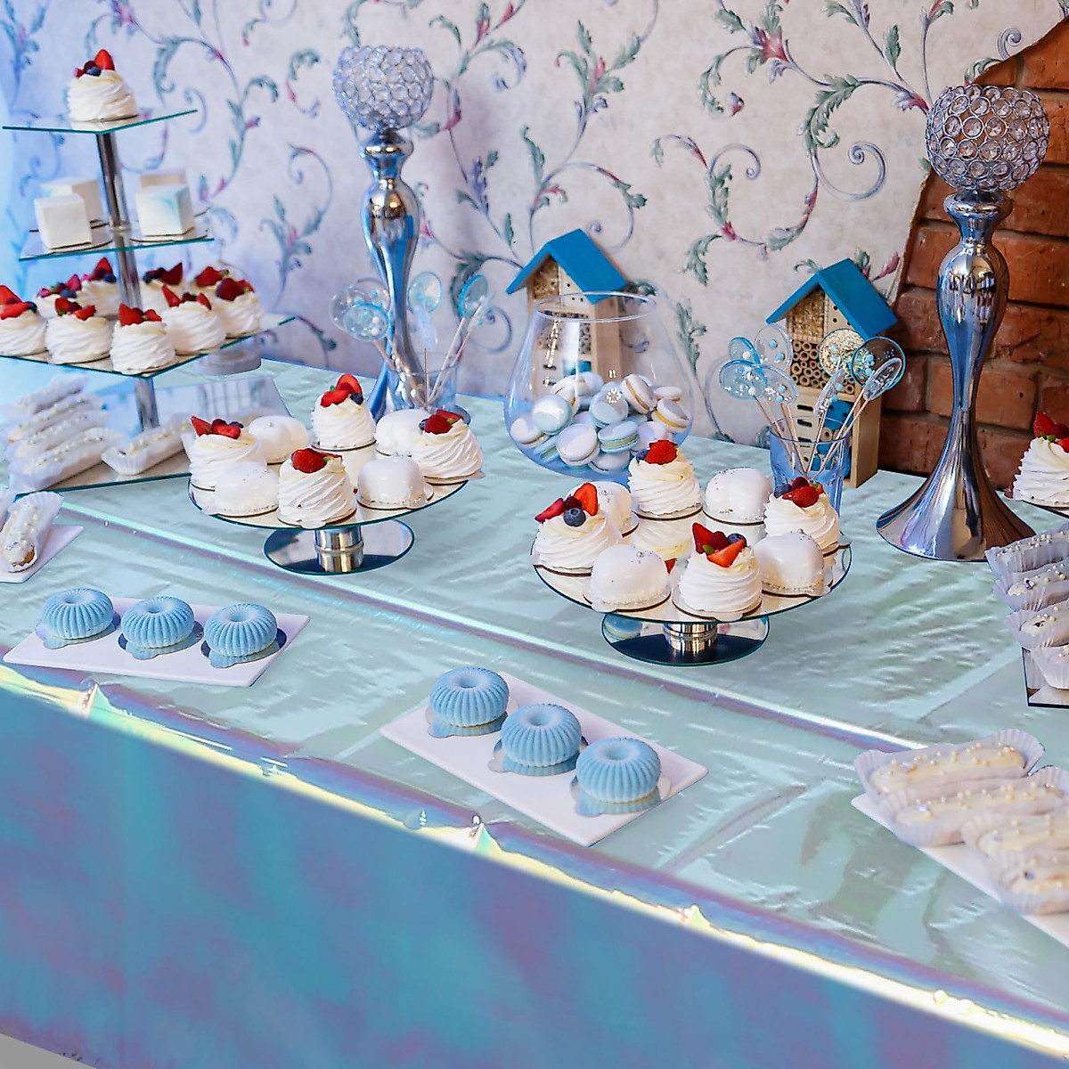 3Pcs Iridescent Plastic Tablecloths Shiny Disposable Laser Rainbow Rectangle Table Covers Holographic Foil Metallic Table Cloth for Iridescent Party Decorations Birthday Bridal Wedding 40"x108"(Blue)