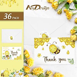 AnyDesign 36 Pack Honey Bee Thank You Cards Bulk Watercolor Bee Honeycomb Flower Thank You Note Cards with Envelopes Stickers for Summer Birthday Baby Shower Wedding Bridal Party Supplies