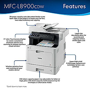 Brother MFC-L8900CDWB All-in-One Wireless Color Laser Printer for Office - 4-IN-1 Print Copy Scan Fax - 5" Touchscreen LCD, Duplex Printing, 33 ppm, 2400 x 600 dpi, 70-Sheet ADF, Tillsiy Printer Cable