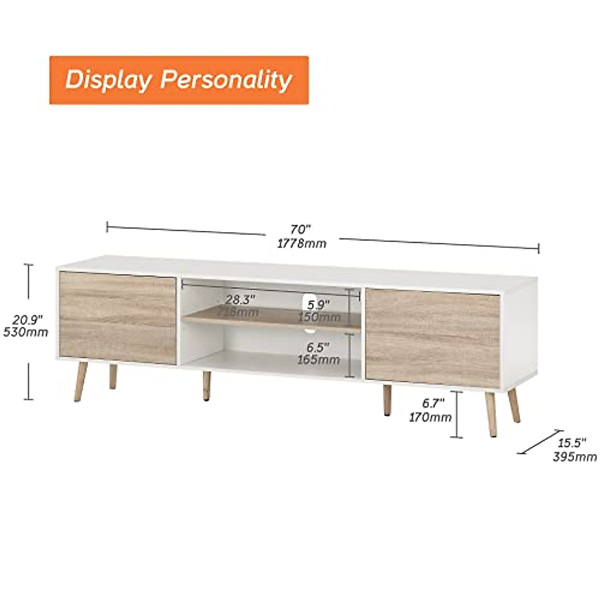 WAMPAT Mid Century Modern TV Stand for TVs up to 75 inches, Wood TV Console Media Cabinet with Storage, Entertainment Center for Living Room Bedroom, White and Oak, 70 inch