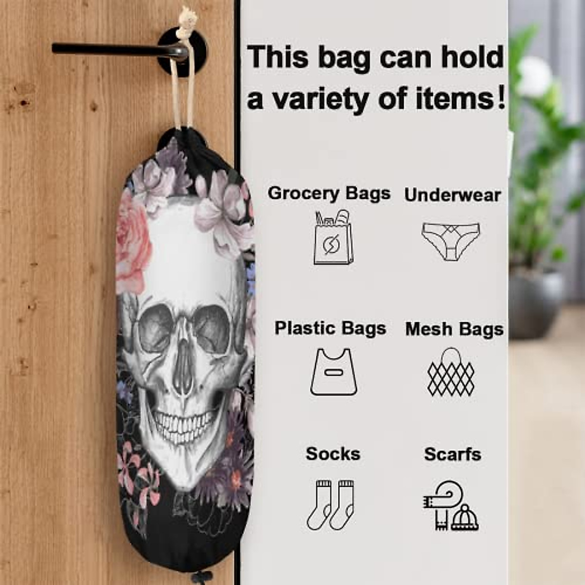 Skull Flower Plastic Bag Holder, Day of The Dead Grocery Bag Storage Holder Hanging Garbage Shopping Bag Trash Bags Organizer for Kitchen Home