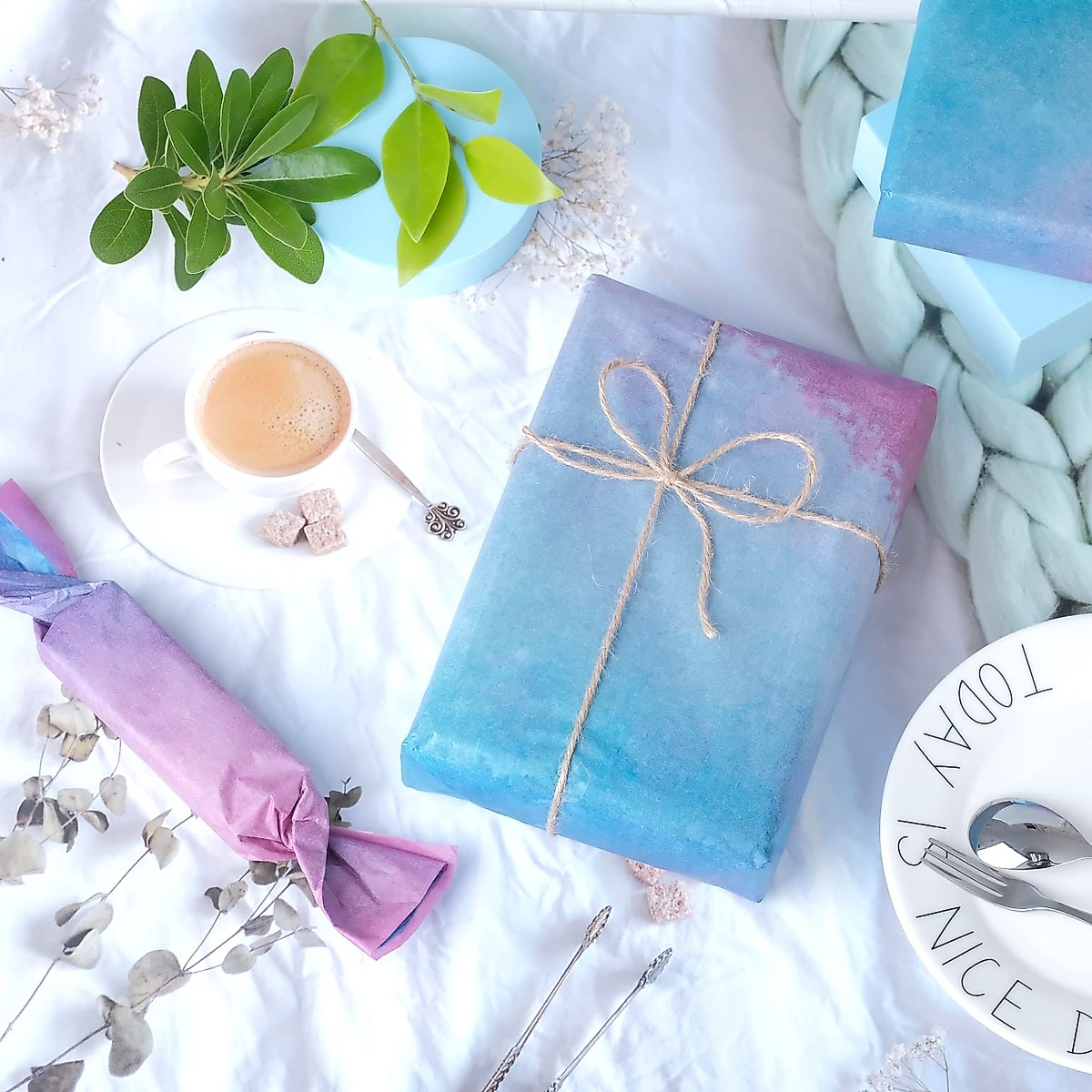 Bolsome 100 Sheets Pink-Blue Gradient Tissue Paper Bulk, Pastel Turquoise Wrapping Tissue Paper Sheets for Christmas Birthday Baby Showers Wedding Thanksgiving Gift Wrapping DIY Crafts Arts, 20 x 14"