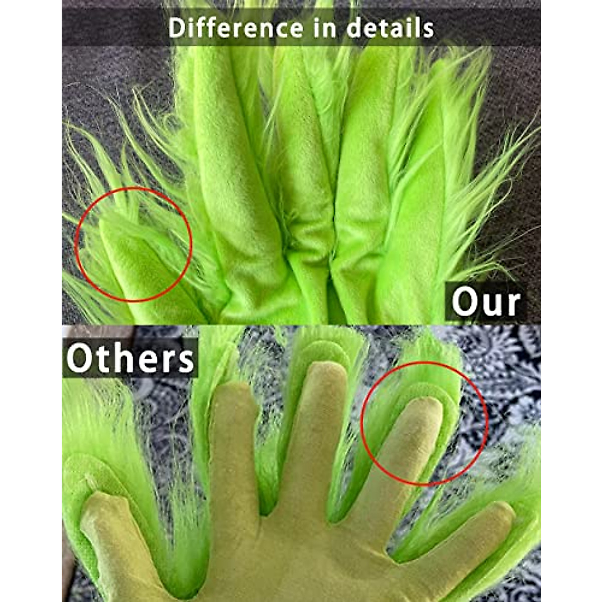 Kousitei Green Furry Gloves, Christmas Green Hands, Christmas Halloween Cosplay Costume Accessories for Adult Kids