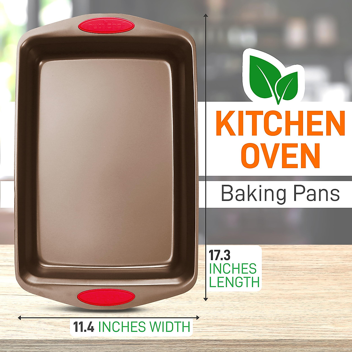 NutriChef 2-Piece Baking Pan Set - PFOA, PFOS, PTFE Free Flexible Nonstick Golden Coating Carbon Steel Bakeware - Professional Home Kitchen Bake Cookie Sheet Stackable Tray w/Red Silicone Handles