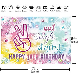 Hilioens 7×5ft Out Single Digits Happy 10th Birthday Backdrop Tie Dye Rainbow Girls Birthday I'm 10 Background for Photography Girls Tenth Birthday Party Banner Decorations