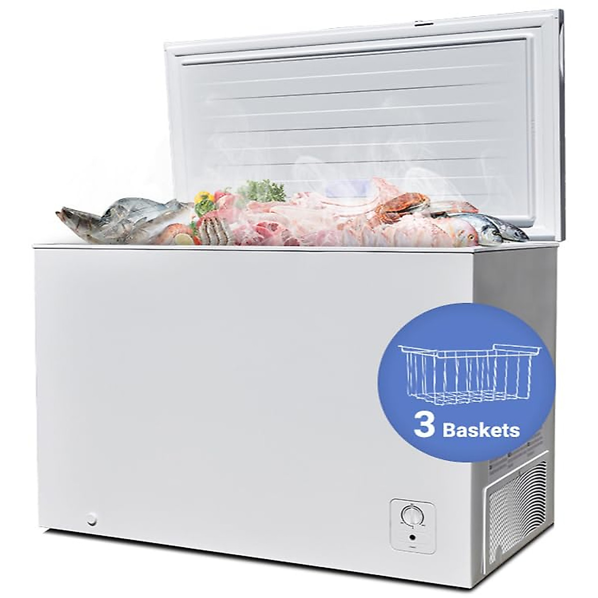 SMETA Deep Freezer, Chest Freezer 10.5 Cubic Feet, Chest 4 Wheels Adjustable Thermostat, Energy Saving for Garage, Kitchen, Office, Meat, Commercial with 3 Baskets, White