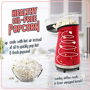 Nostalgia 16 Cup Hot Air Popcorn Maker | Makes Hot, Healthy Popcorn, No Oil Needed | Measuring Cap for Kernels Included | Stainless Steel | Red
