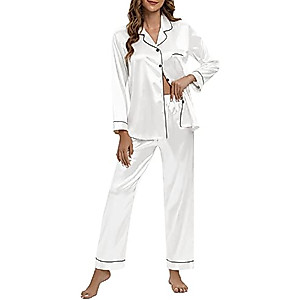 HPWUZK Pajamas for Women, Silk Satin Pajama Sets for Women Soft, Button Down Womens Loungewear Set with Pockets White
