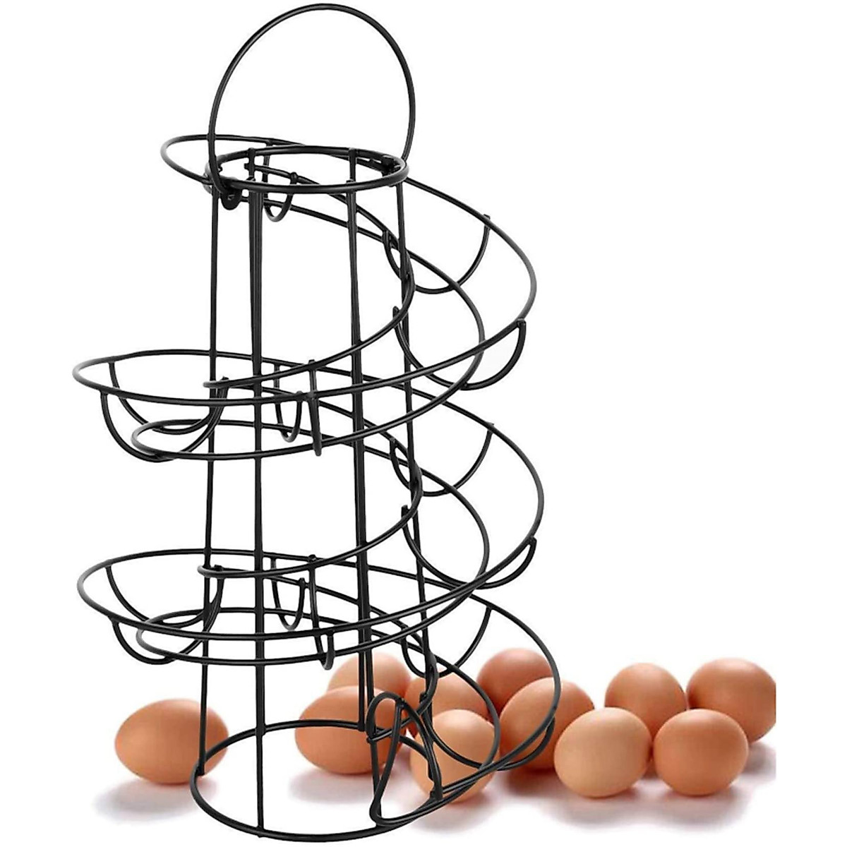 ShanLily Metal Egg Skelter Spiral Design Egg Dispenser Rack Holder With Storage Basket For Countertop Kitchen