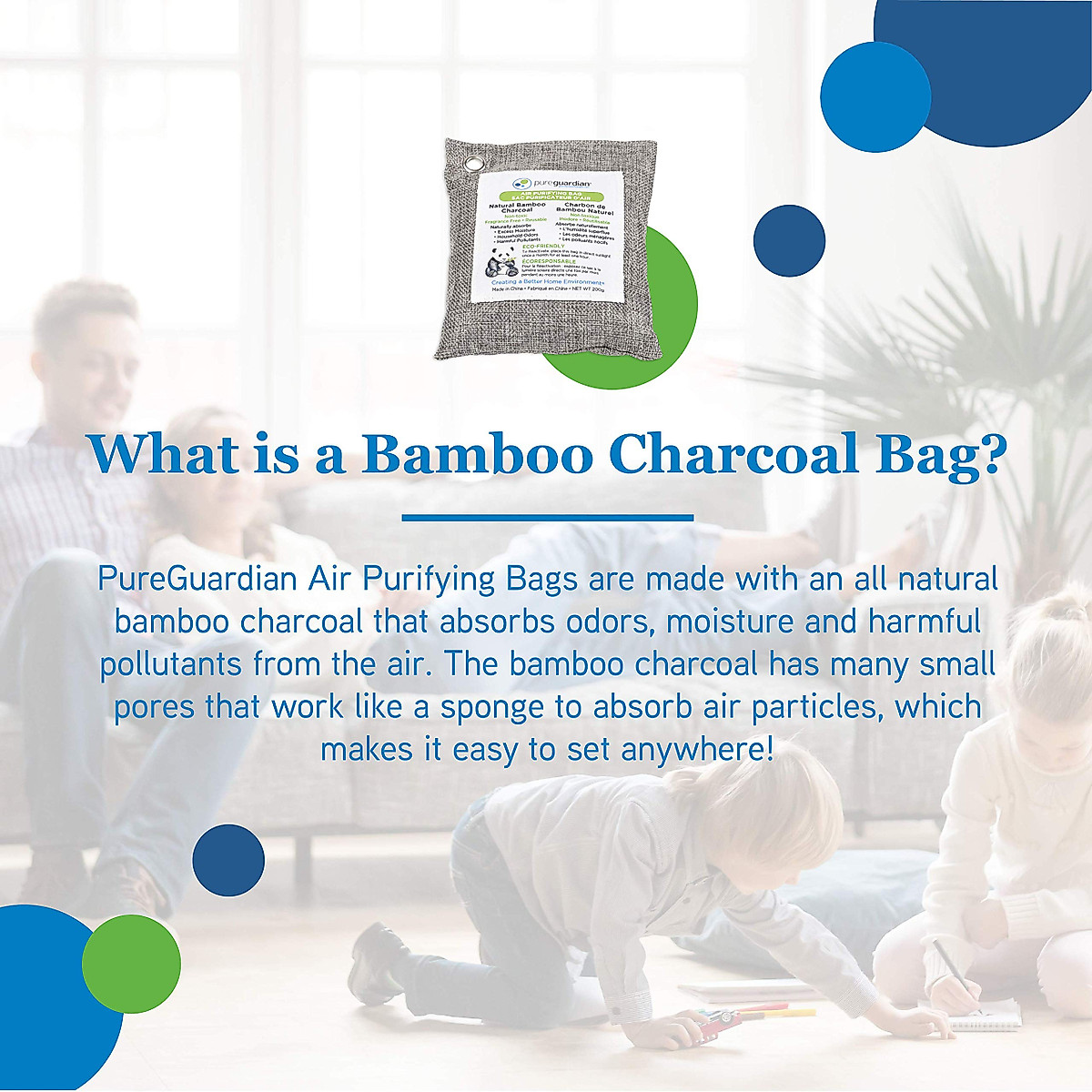 PureGuardian CB200 Bamboo Charcoal Air Purifying Bag, Eco-Friendly, Naturally Absorbs Odors, Excess Moisture and Pollutants, 200g, 4-Pack, Gray