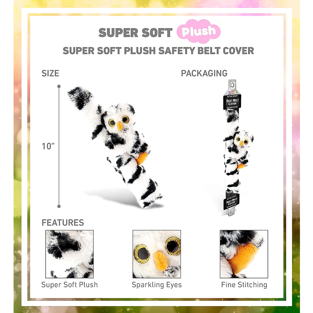 DolliBu White Owl Plush Car Seatbelt Cover - Soft Fluffy Cushion Support for Safety Seat Belt Strap Cover, Decorative Wild Life Stuffed Animal Padded Toy, Cute Vehicle Accessory for Kids & Adults