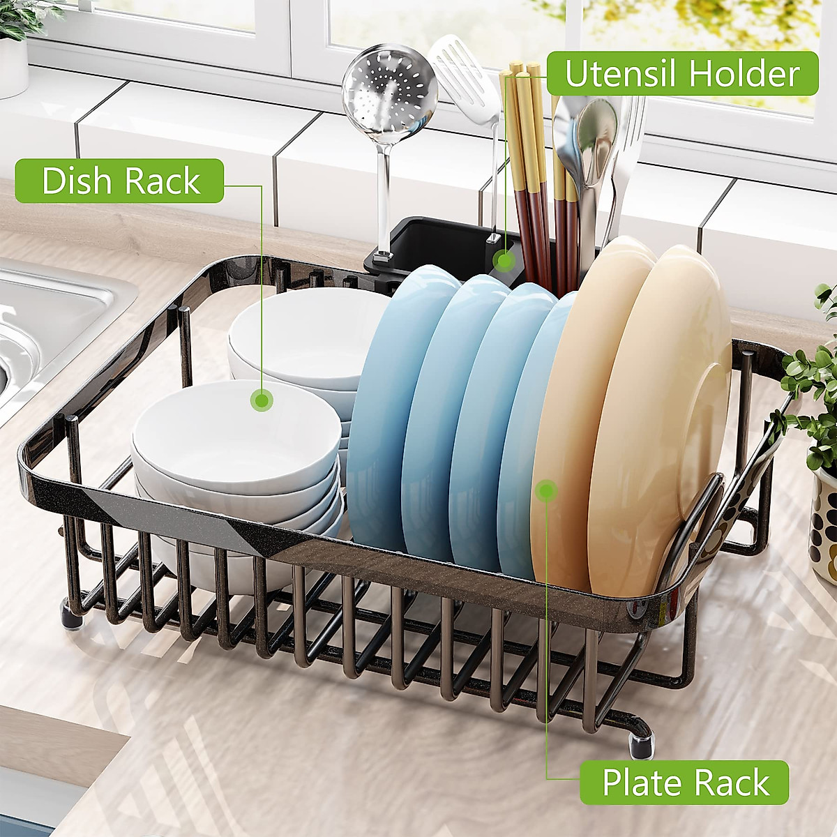1Easylife Dish Drying Rack with Anti Rust Frame, Small Dish Drainer Rack for Kitchen Counter, Sink Dish Rack on Counter with Utensil Holder and Non-Slip Rubber Feet Rustproof for Organizer Storage