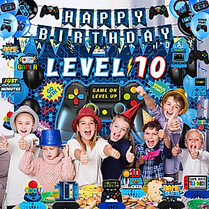 Vlipoeasn Video Game 10th Birthday Decorations for Boys, Blue Level 10 Banner Backdrop Honeycomb Centerpieces Hanging Swirls for 10th Birthday Party, Gamer 10 Years Old Party Supplies