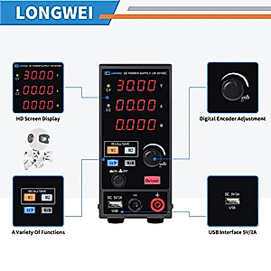 Programmable 30V/10A DC Power Supply Variable, Adjustable Switching Regulated Power Supply with 4-Digit Large Display Alligator Leads, 5V/2A USB Interface，2 Groups of Internal Memories.