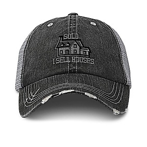 Distressed Trucker Hat Real Estate I Sell Houses Embroidery for Men & Women Black Gray