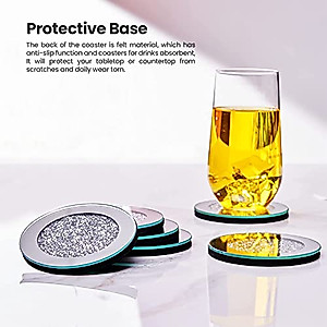 Mirrored Glass Coasters, Set of 6, Diamond Decor, Silver Wine Coaster, Elegant Mirror, Fancy, Glam, for Home Kitchen Table Bar Accessories, Round (4” x 4”)