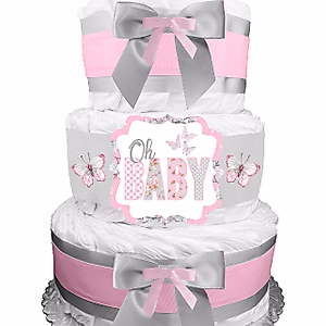 Shabby Chic Diaper Cake - Butterflies - Girl Baby Gift - Pink and Gray