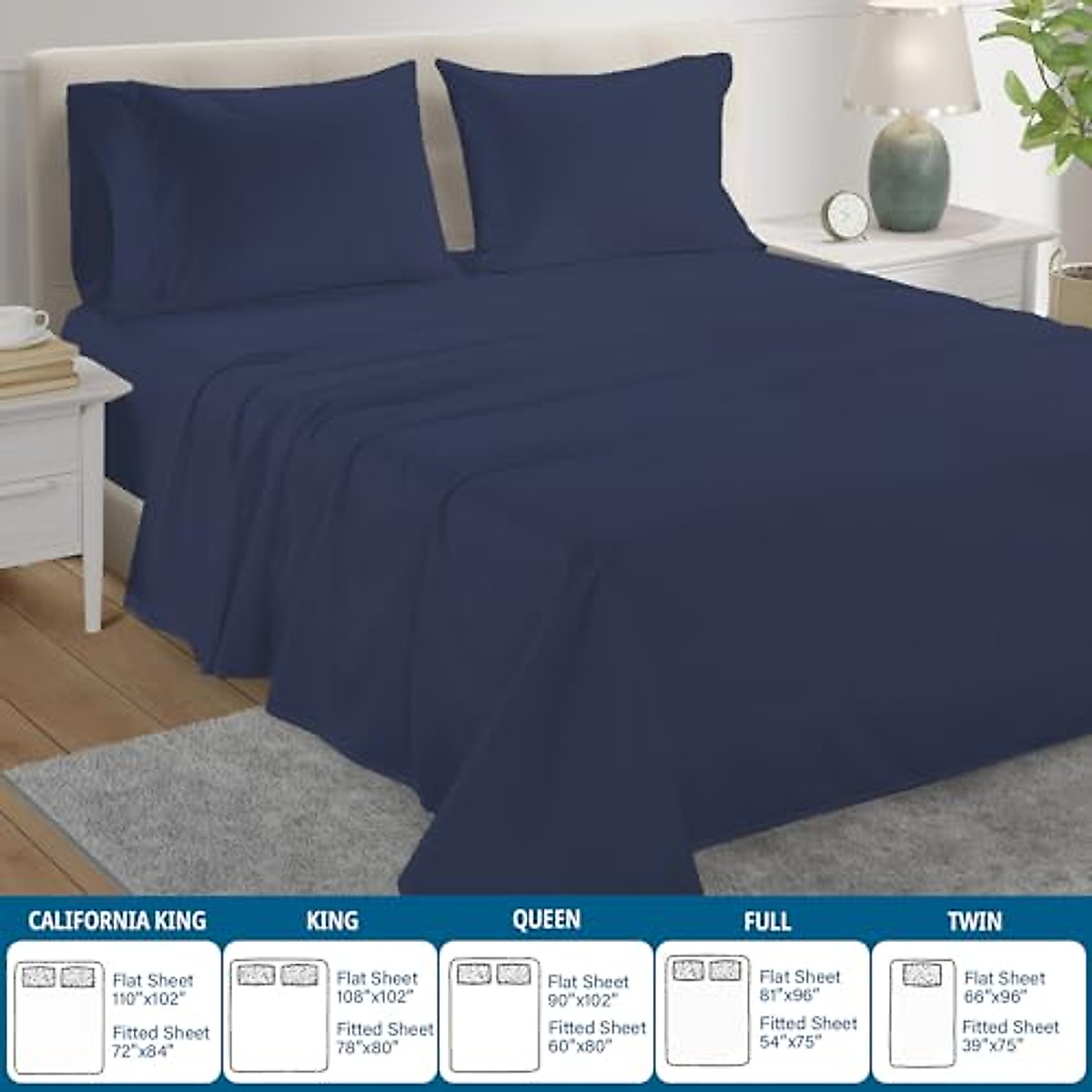 Saaz Linen 1000 Thread Count Full Size Sheet Set - 100% Egyptian Cotton Hotel Luxury Collection Bedding Sheets - Fits Upto 16 Inch Deep Pocket - Sateen Weave Solid 4 Piece Sheets Set (Navy Blue)
