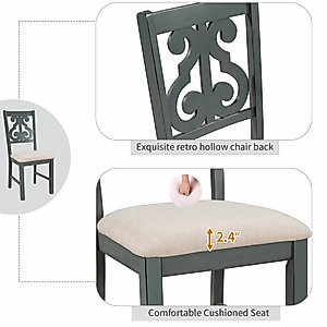 5-Piece Round Dining Table and 4 Chairs Set with Storage Shelf, Special-Shaped Legs and an Exquisitely Designed Hollow Back for Kitchen Living Room, Antique Blue+Dark Brown