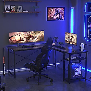 Ecoprsio L-Shaped Desk Large L Shaped Gaming Desk with Storage Shelves Oak Corner Desk Writing Study Table for Home Office Gaming Workstation, Oak and Black