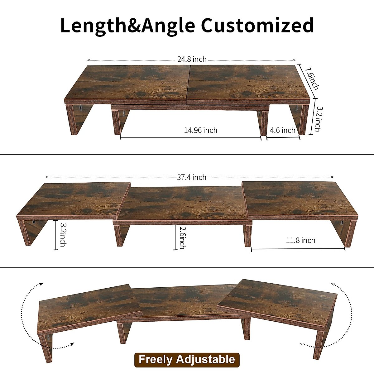 TEMI Monitor Stand Riser for 2 Monitors, Dual Monitor Riser Wood for Desk Standing, Wooden Computer Monitor Riser with Adjustable Angle and Length for Laptop, Computer, TV, PC and More (Rustic Brown)
