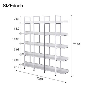 Noskatu Industrial Wide 5-Tier Bookshelf Wood and Metal Bookcase Rustic Vintage Style Bookshelves for Living Room Bedroom Home Office White