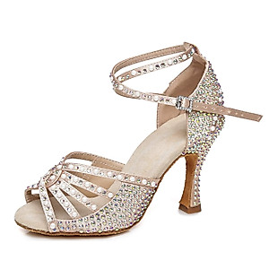 Minishion Women's Ankle Strap Beading Nude Satin Ballroom Dance Shoes Evening Sandals US 4